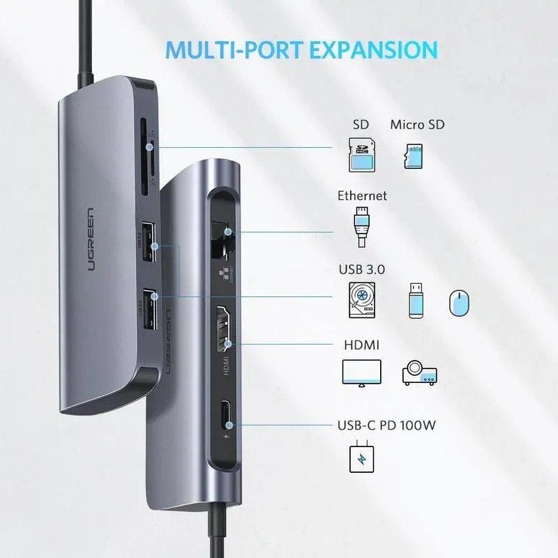 EasypayKw | يوجرين USB-C 7 في 1 محول متعدد الوظائف - رمادي