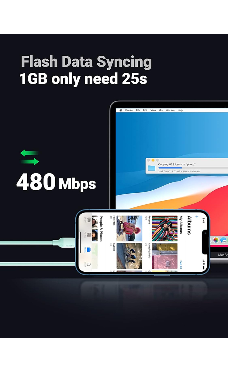 EasypayKw | كابل بيانات ام اف اي تايب سي - لايتينج أخضر - 1 متر ، ماركة يوجرين