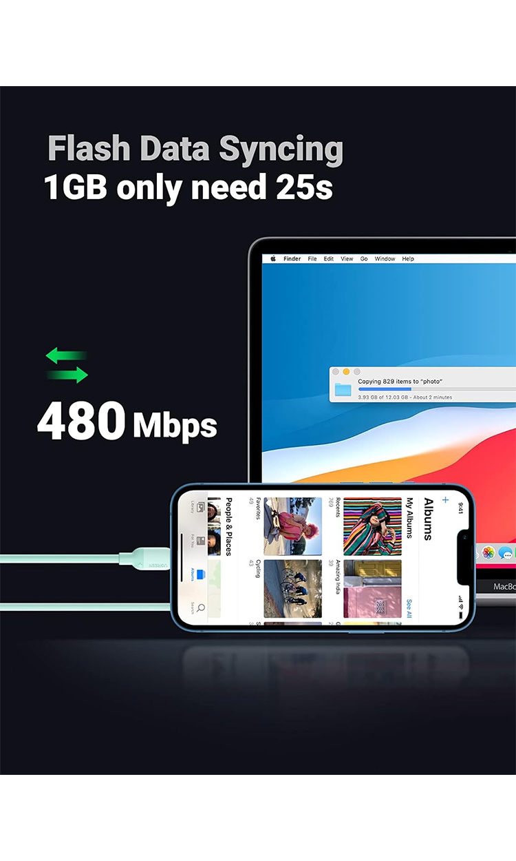 EasypayKw | كابل بيانات ام اف اي تايب سي - لايتينج أخضر - 1 متر ، ماركة يوجرين